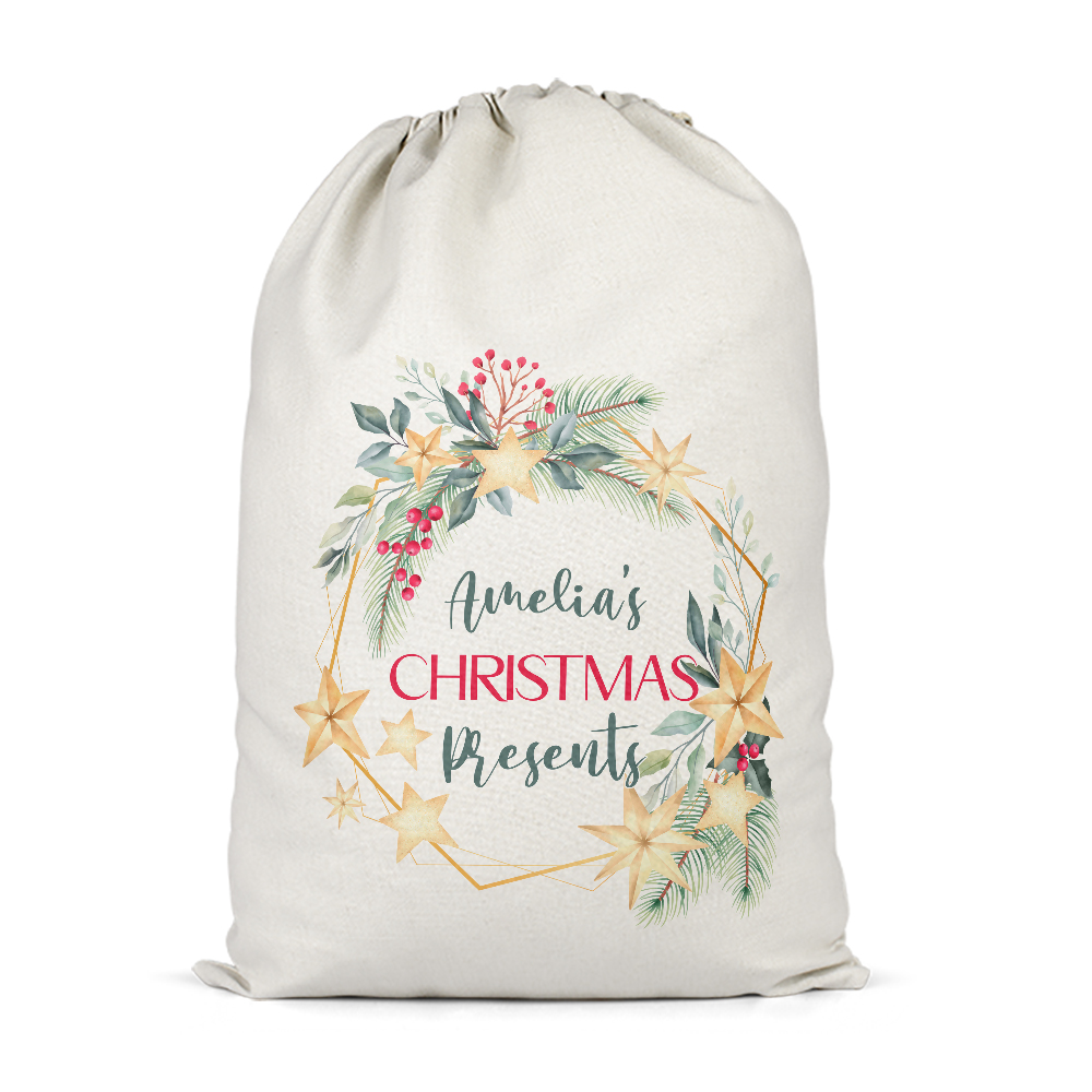 Personalised Christmas Stars Wreath Kids Present Sack - Purple Print House