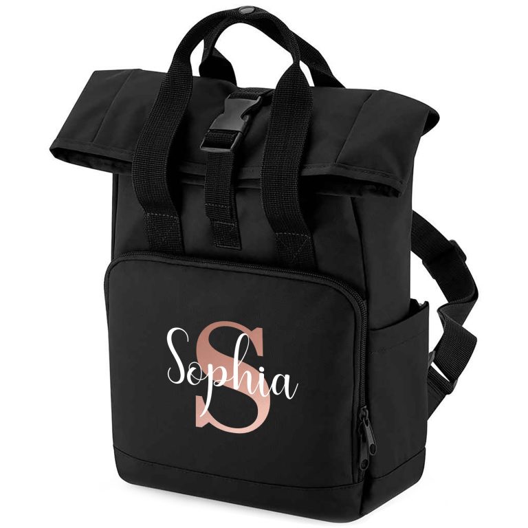 Personalised Rose Gold Name and Initial Mini Roll Top Backpack Girls ...