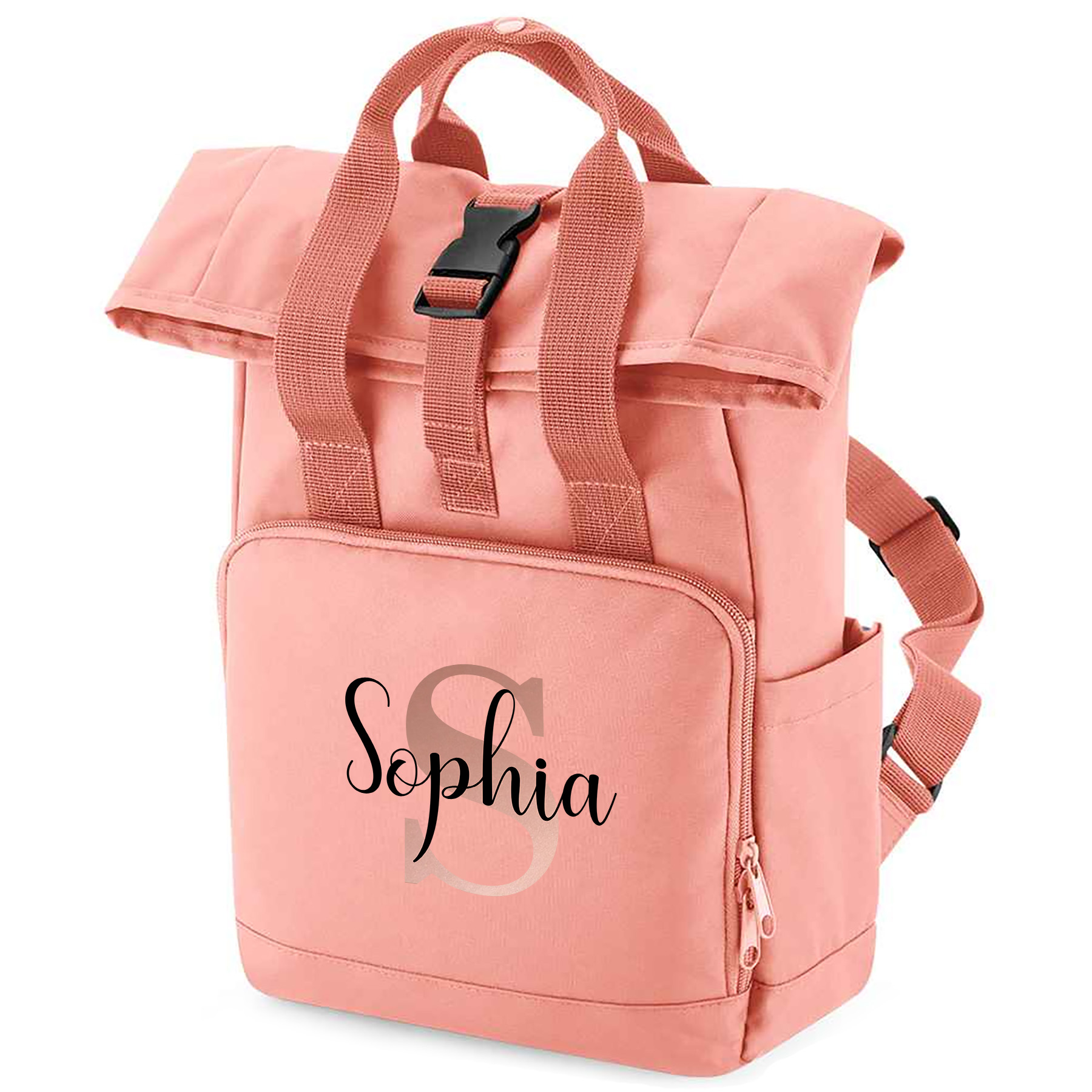 Personalised Rose Gold Name and Initial Mini Roll Top Backpack Girls ...