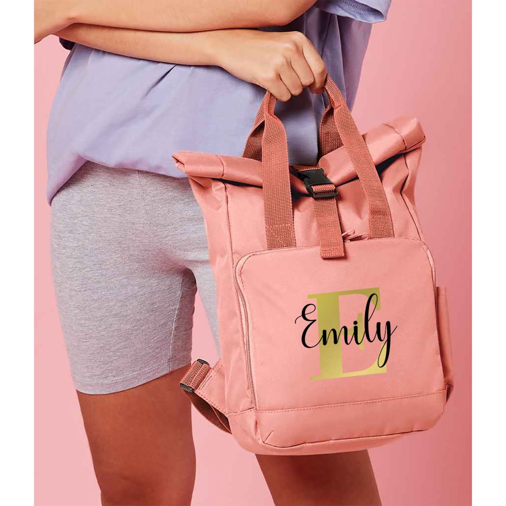 Personalised Gold Name and Initial Mini Roll Top Backpack Girls ...