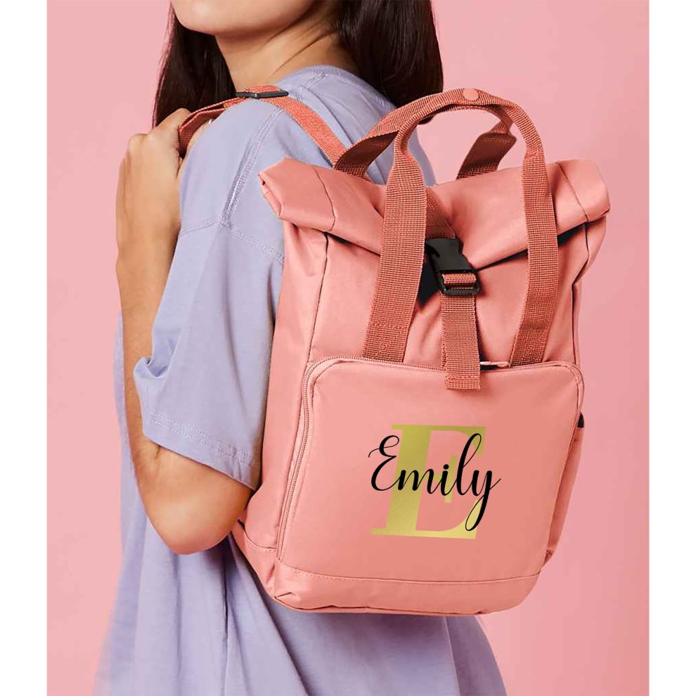 Personalised Gold Name and Initial Mini Roll Top Backpack Girls ...