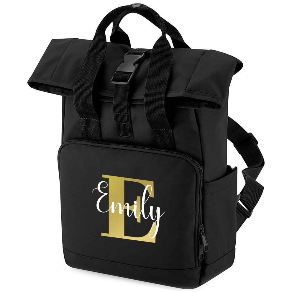 Personalised Gold Name and Initial Mini Roll Top Backpack Girls ...