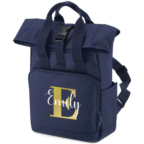 Personalised Gold Name and Initial Mini Roll Top Backpack Girls ...