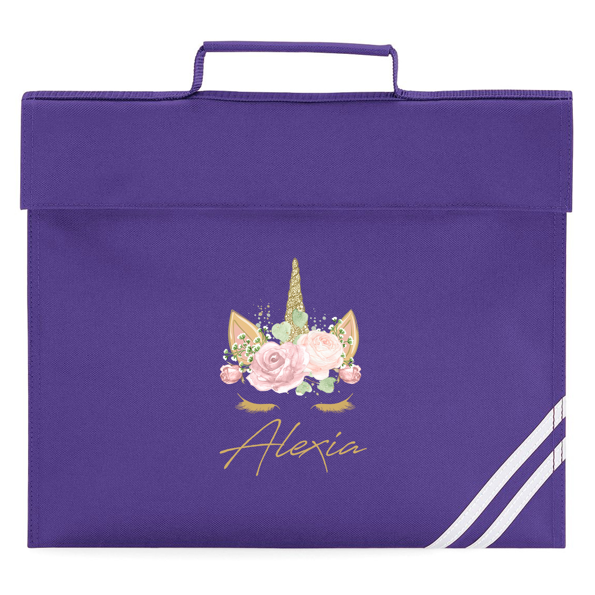 Personalised Fowers Unicorn Book bag Girls - Purple Print House