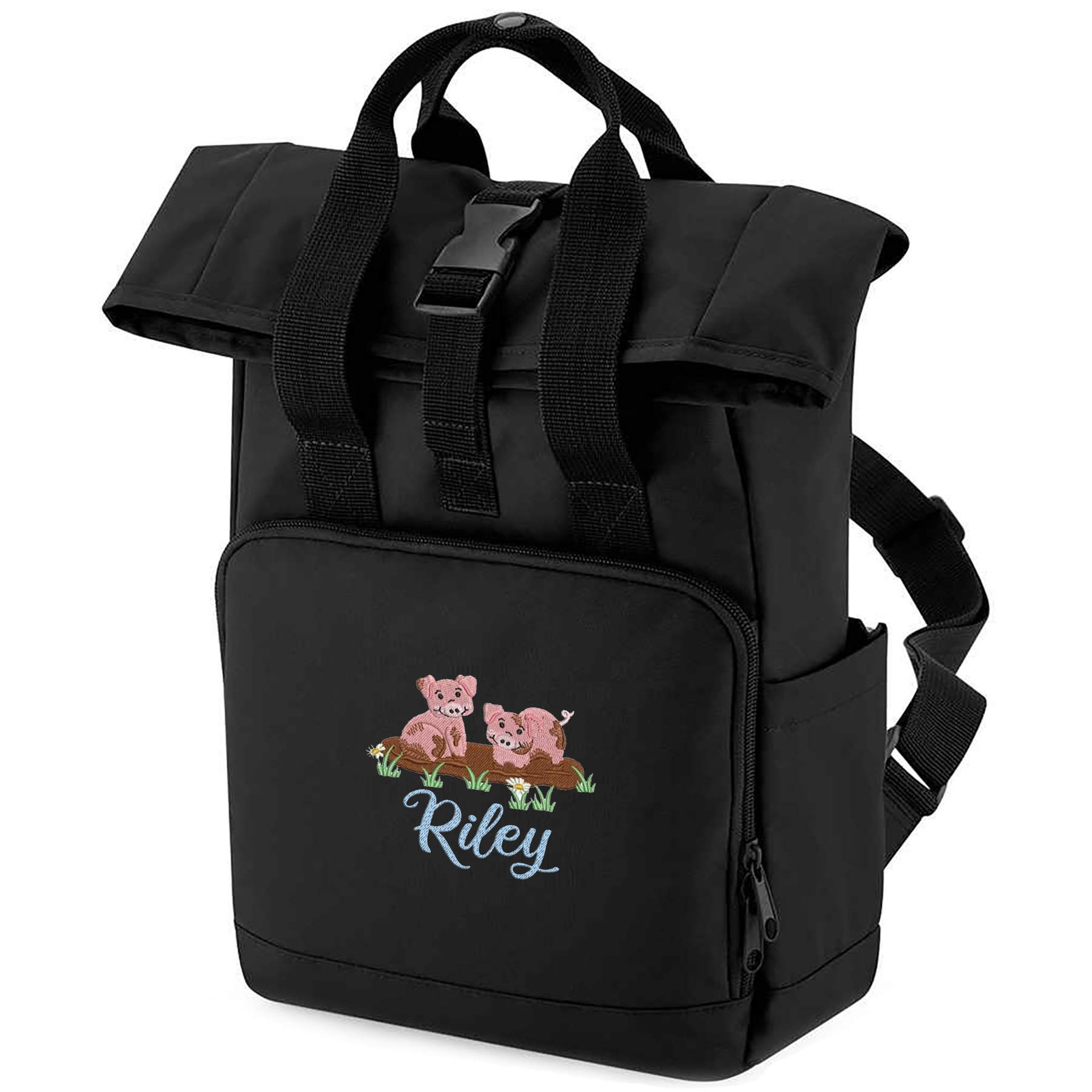 Embroidered Little Pigs Mini Roll Top Backpack Kids - Purple Print House