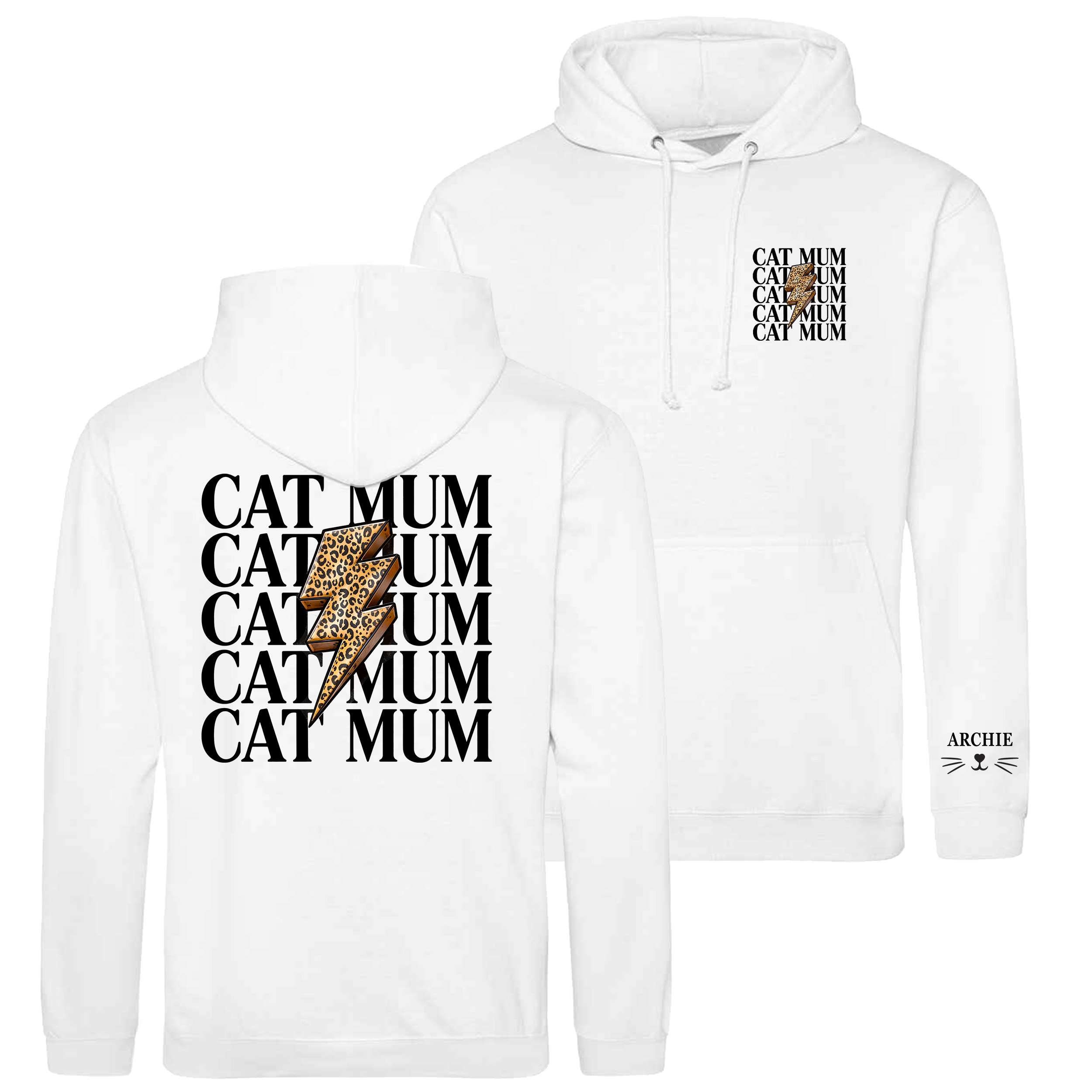 Custom Cat Mum Hoodie Leopard Print With Cats Name On Sleeve Front And ...